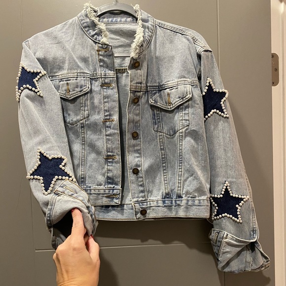 Jackets & Coats | Cropped Denim Jacket With Pearl Star Details | Poshmark